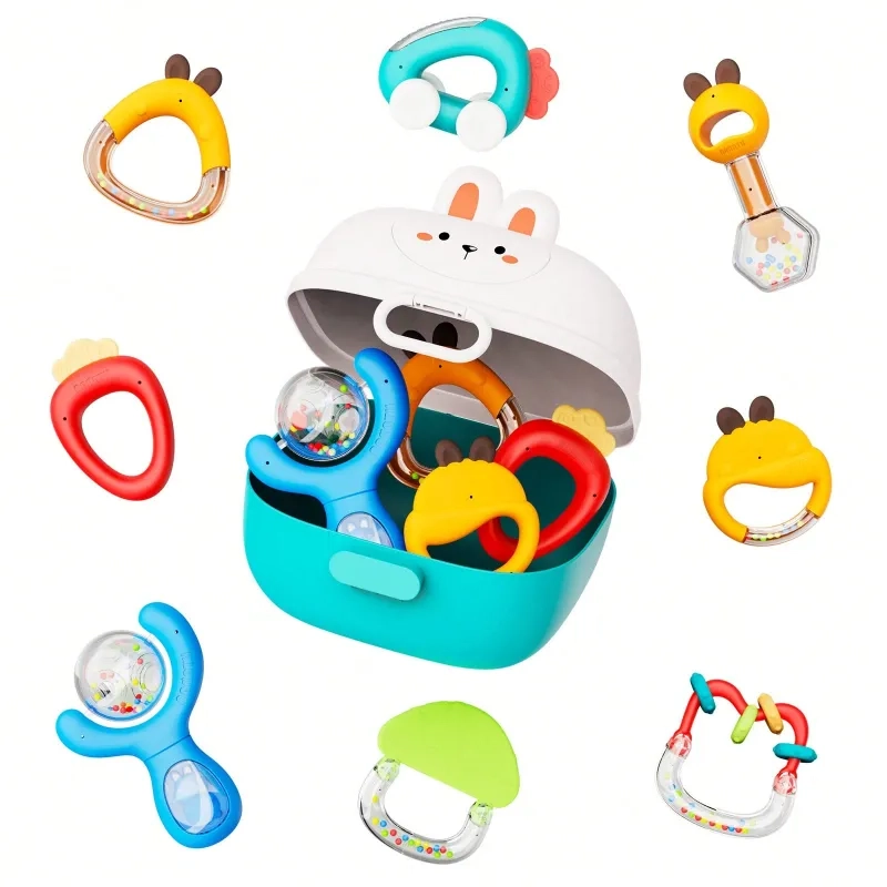 8-piece cute baby rattle toy set, with a rabbit-themed storage box ...